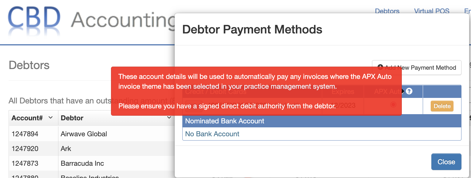 Debtor Payment Method for Auto Pay